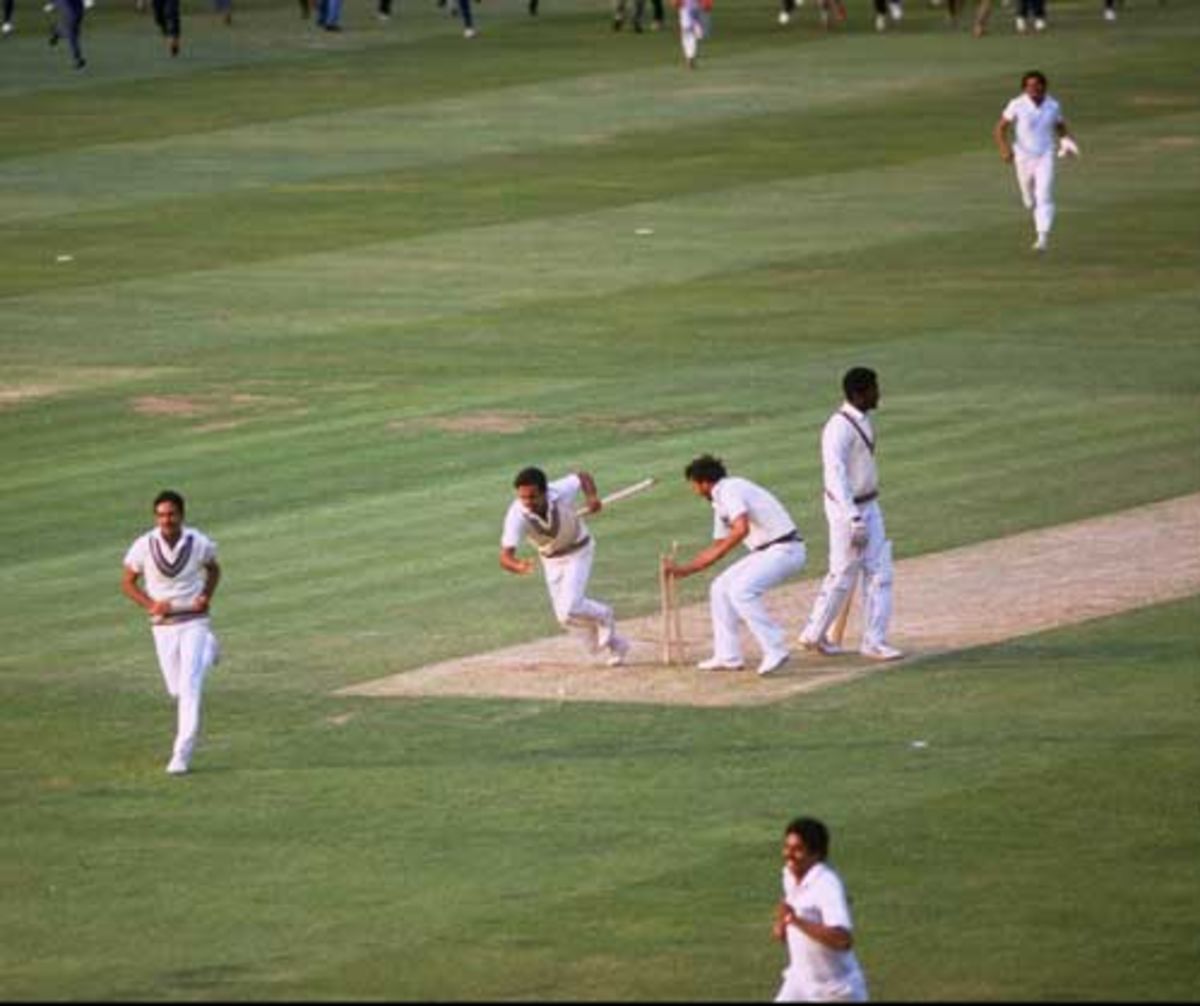 Indian players grab the stumps after winning the World Cup final, 1983 ...