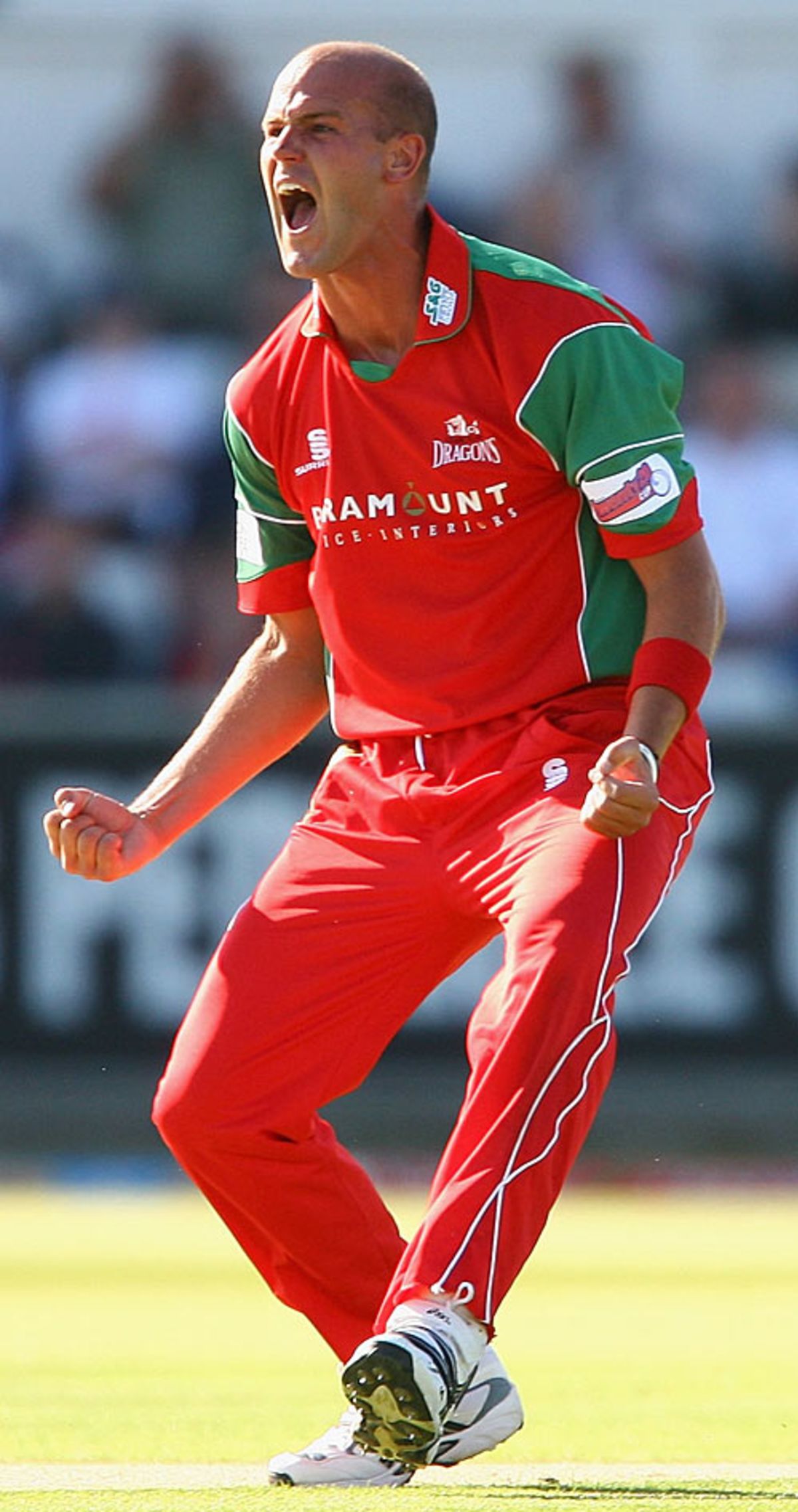 David Harrison roars his delight at removing Paul Collingwood ...