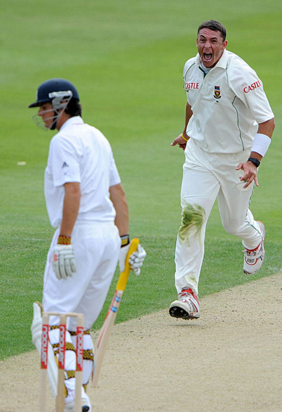Andre Nel celebrates the wicket of his Essex team-mate, Alastair Cook ...