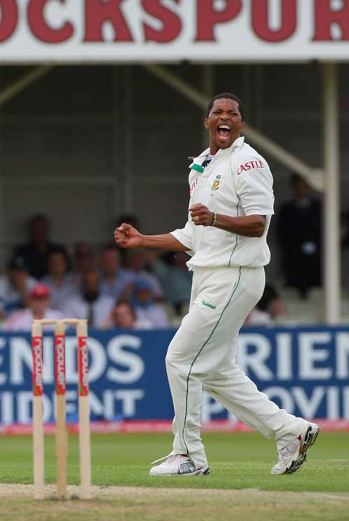 Makhaya Ntini celebrates removing Ian Bell for his first wicket ...