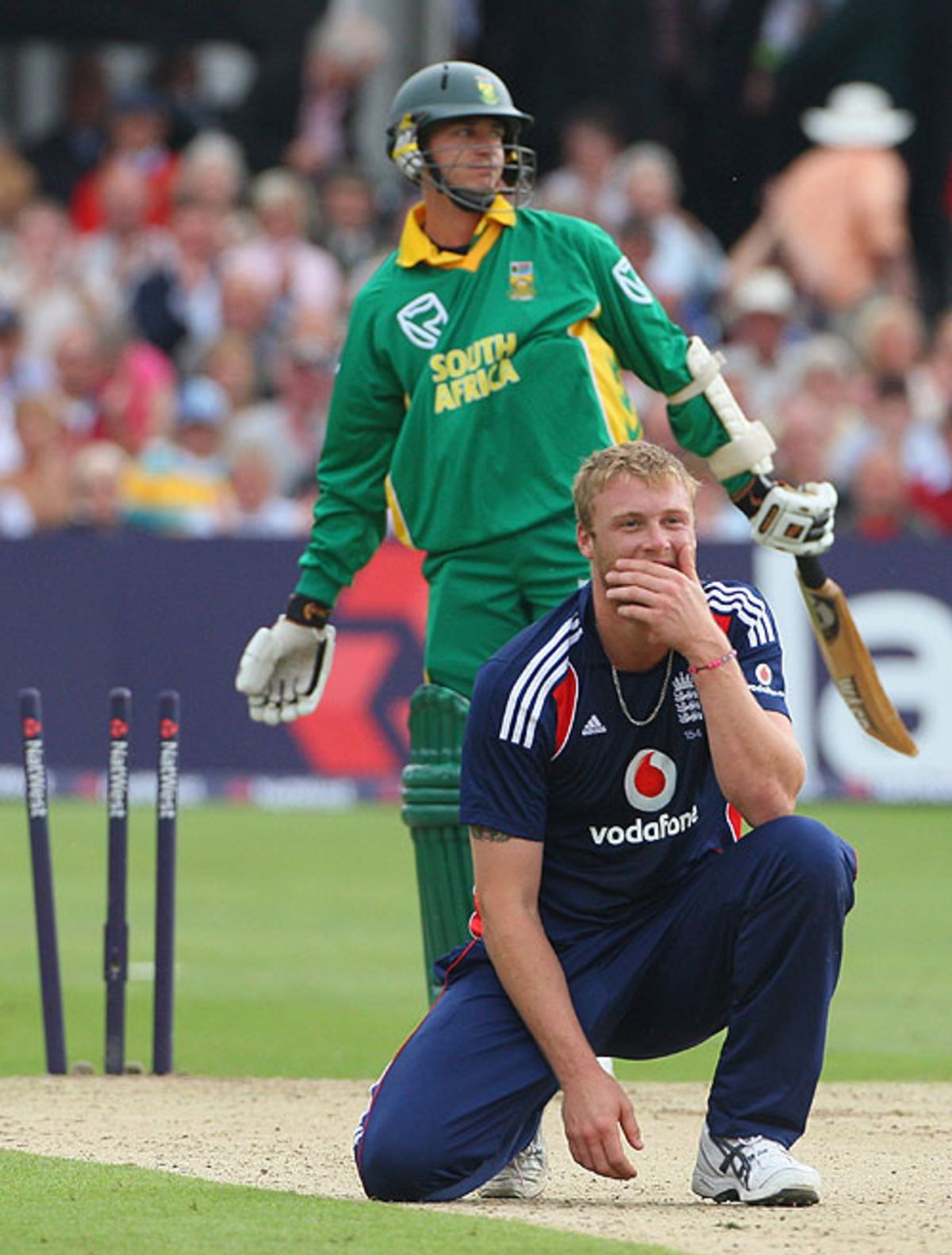 Andrew Flintoff can't hide his amusement as South Africa are bowled out ...