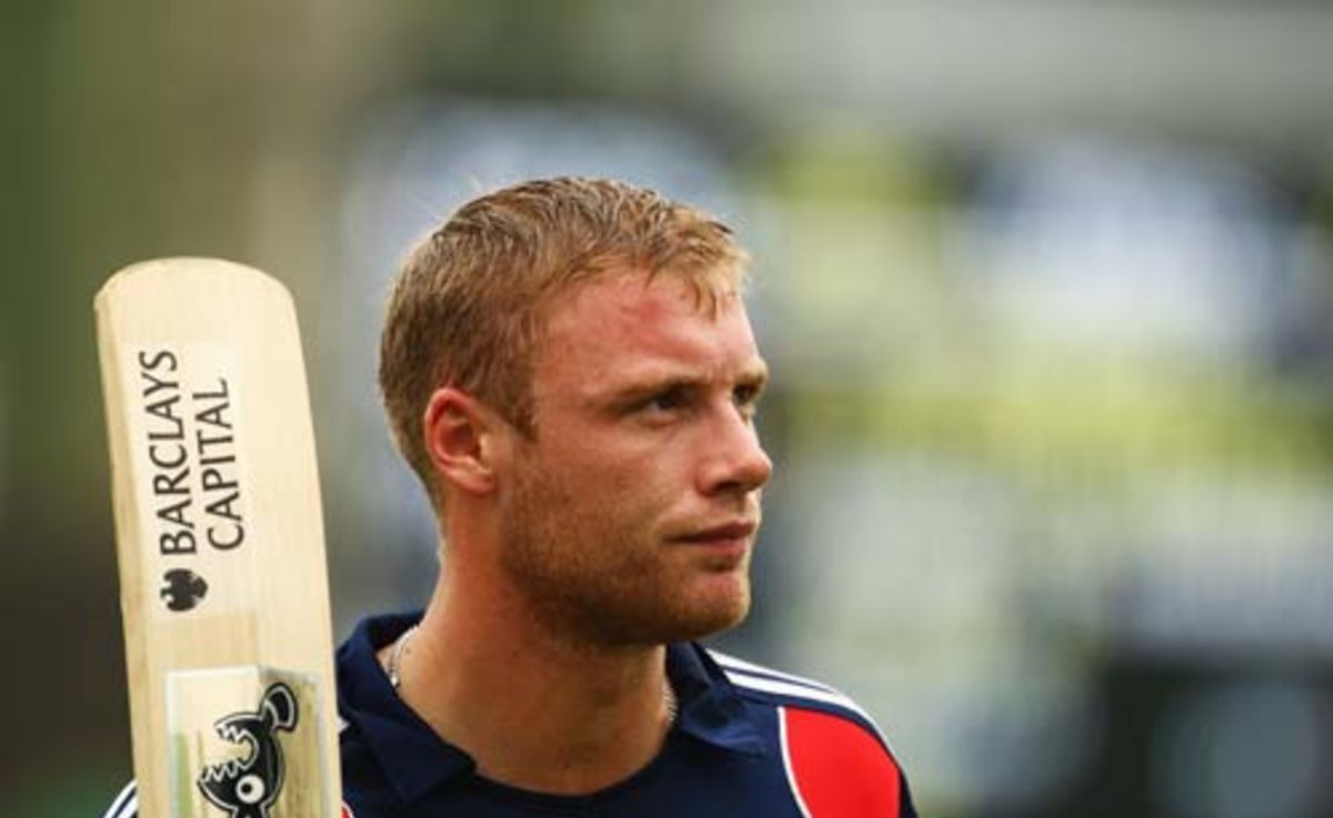 A wide-angle portrait of Andrew Flintoff acknowledging applause for his ...
