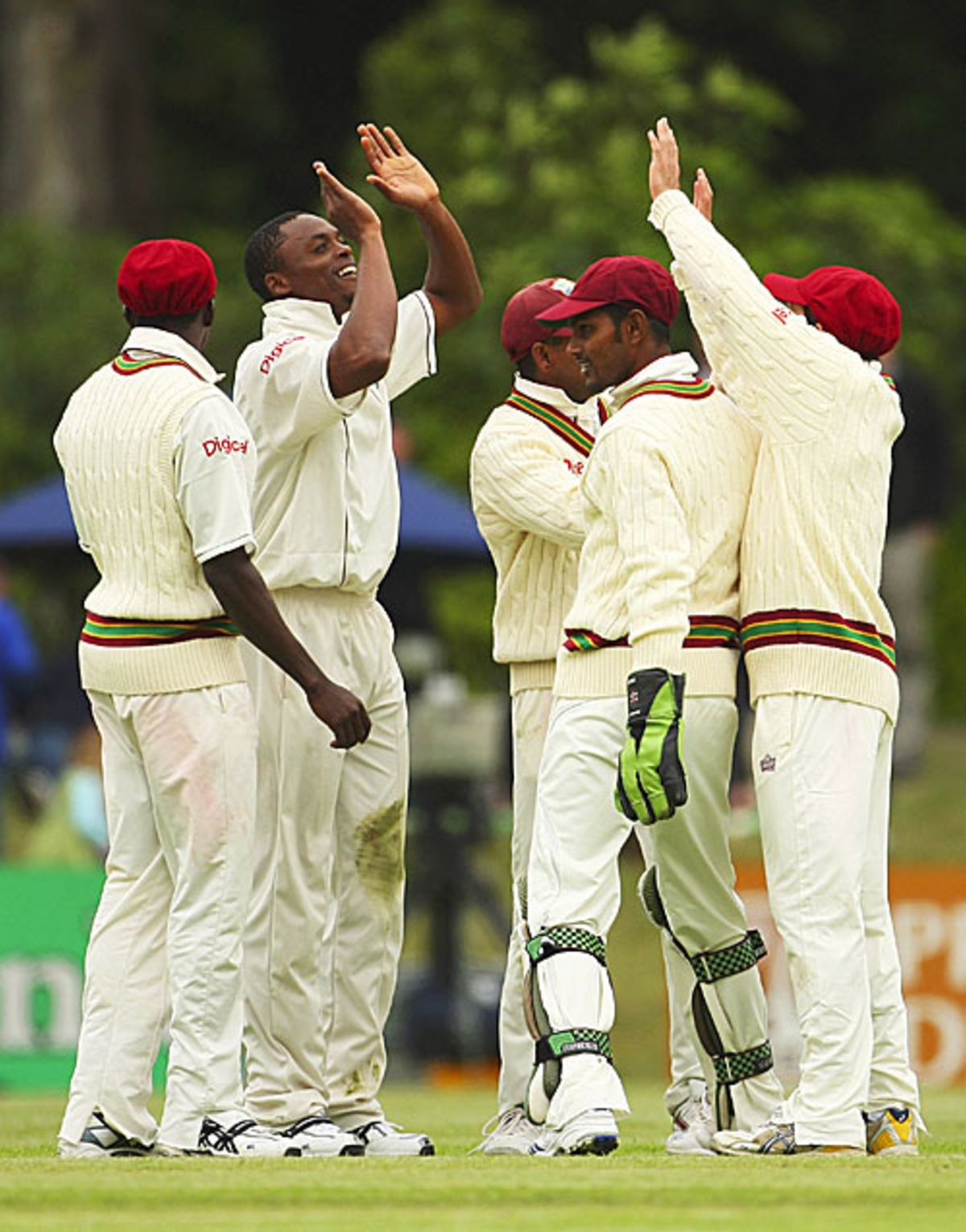 Daren Powell and his team-mates celebrate the fall of Jesse Ryder ...