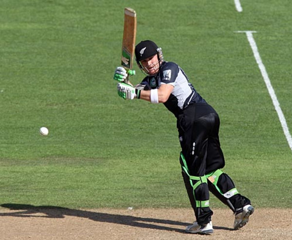 Brendon McCullum gets off the ground while playing a short delivery ...