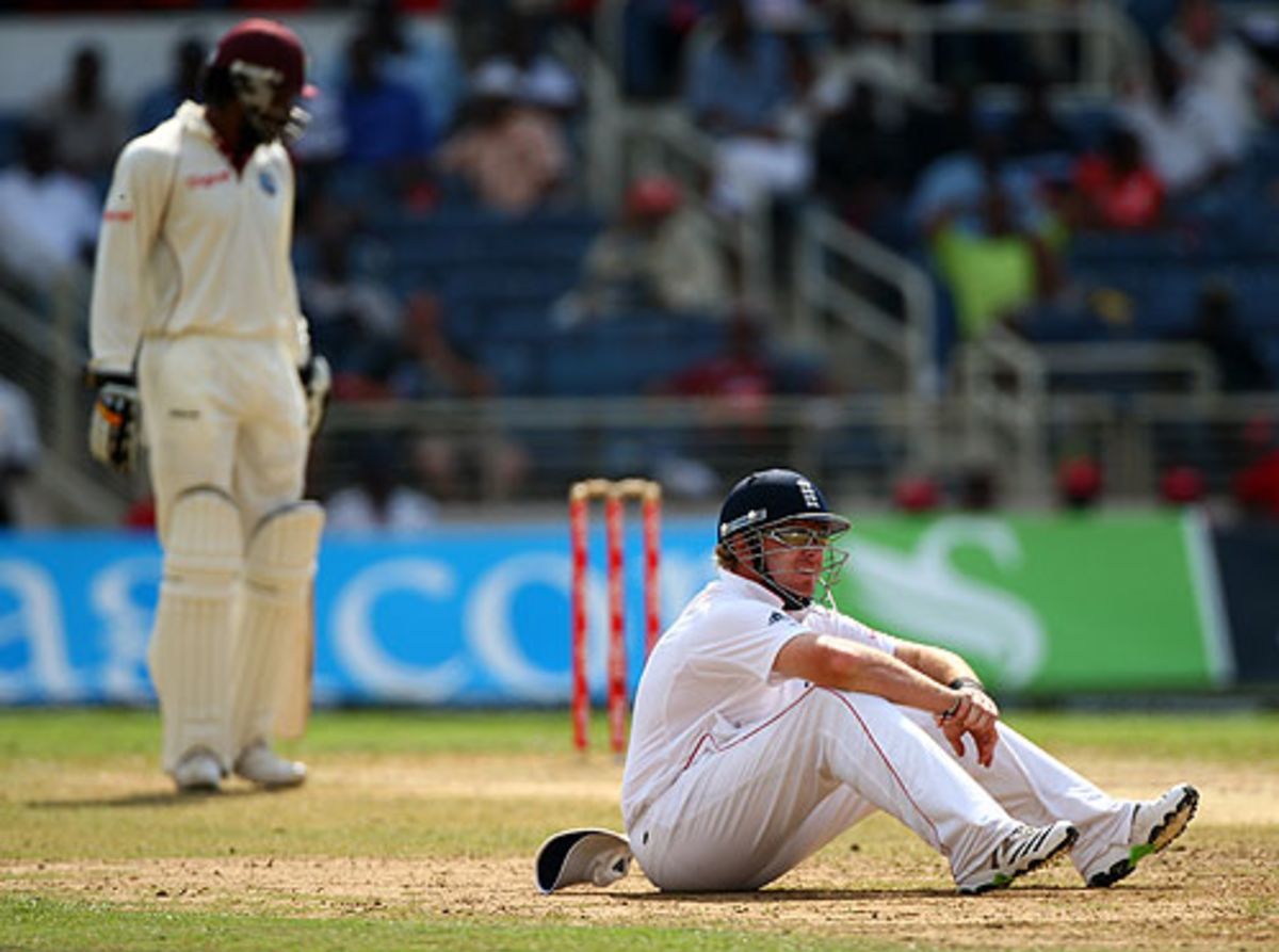 Ian Bell takes a breather after being hit below the belt while fielding ...