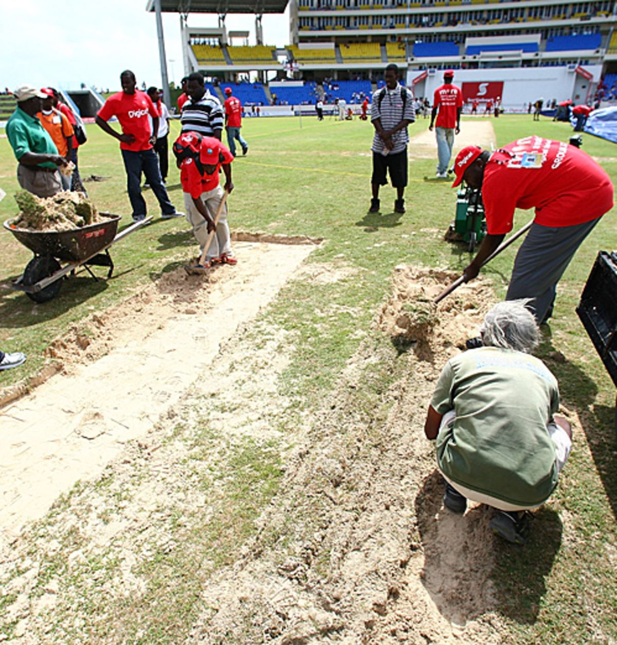Groundsmen dig beneath the surface of the Antigua pitch and find a ...