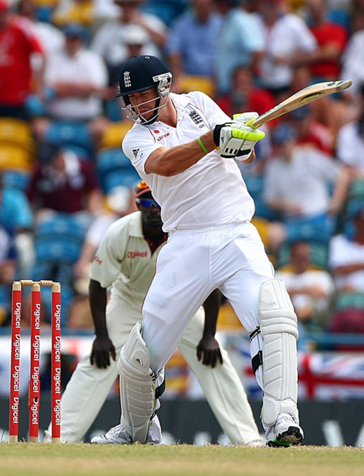 Kevin Pietersen attempts a cut off the back foot but misses ...