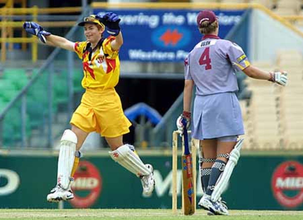 Western Australia keeper Michelle Cobb celebrates the end of Bulow, the ...