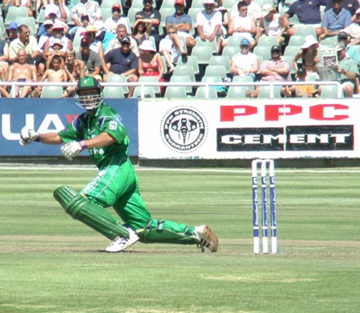 Doug Watson loses his bat as he flicks a ball to the fine leg boundary ...