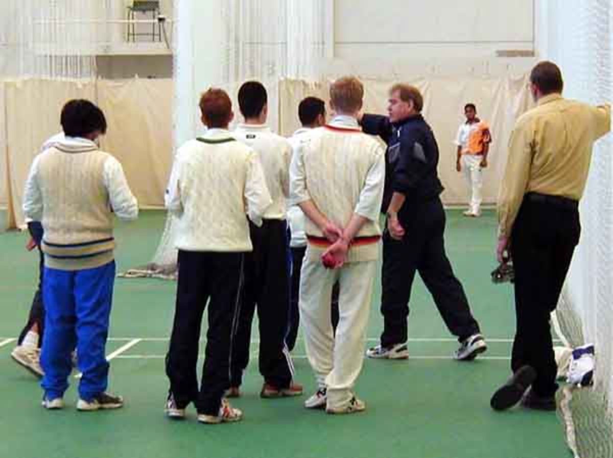 Terry Jenner explains the art of wrist-spinning to European youngsters ...