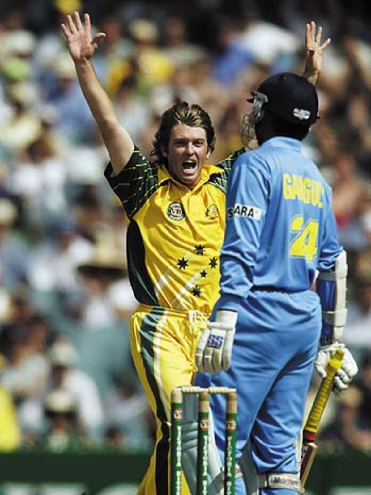 Ian Harvey induces a top-edge and Sourav Ganguly is caught behind ...