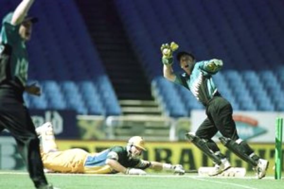 Mark Waugh is run out by Nevin, New Zealand v Australia, 6th ODI, 1999/ ...