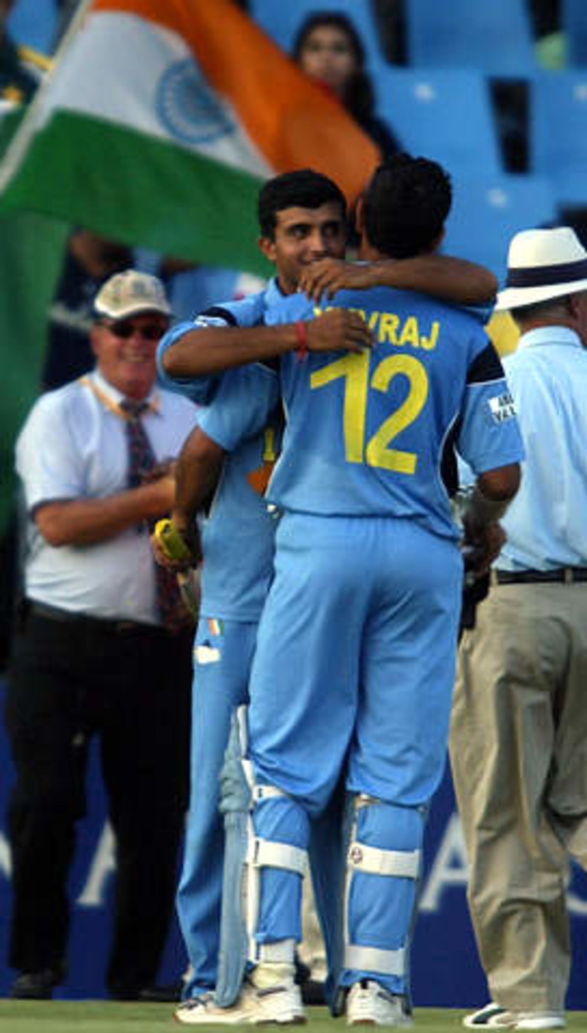 Sourav Ganguly embraces team-mate Yuvraj Singh after beating Pakistan ...