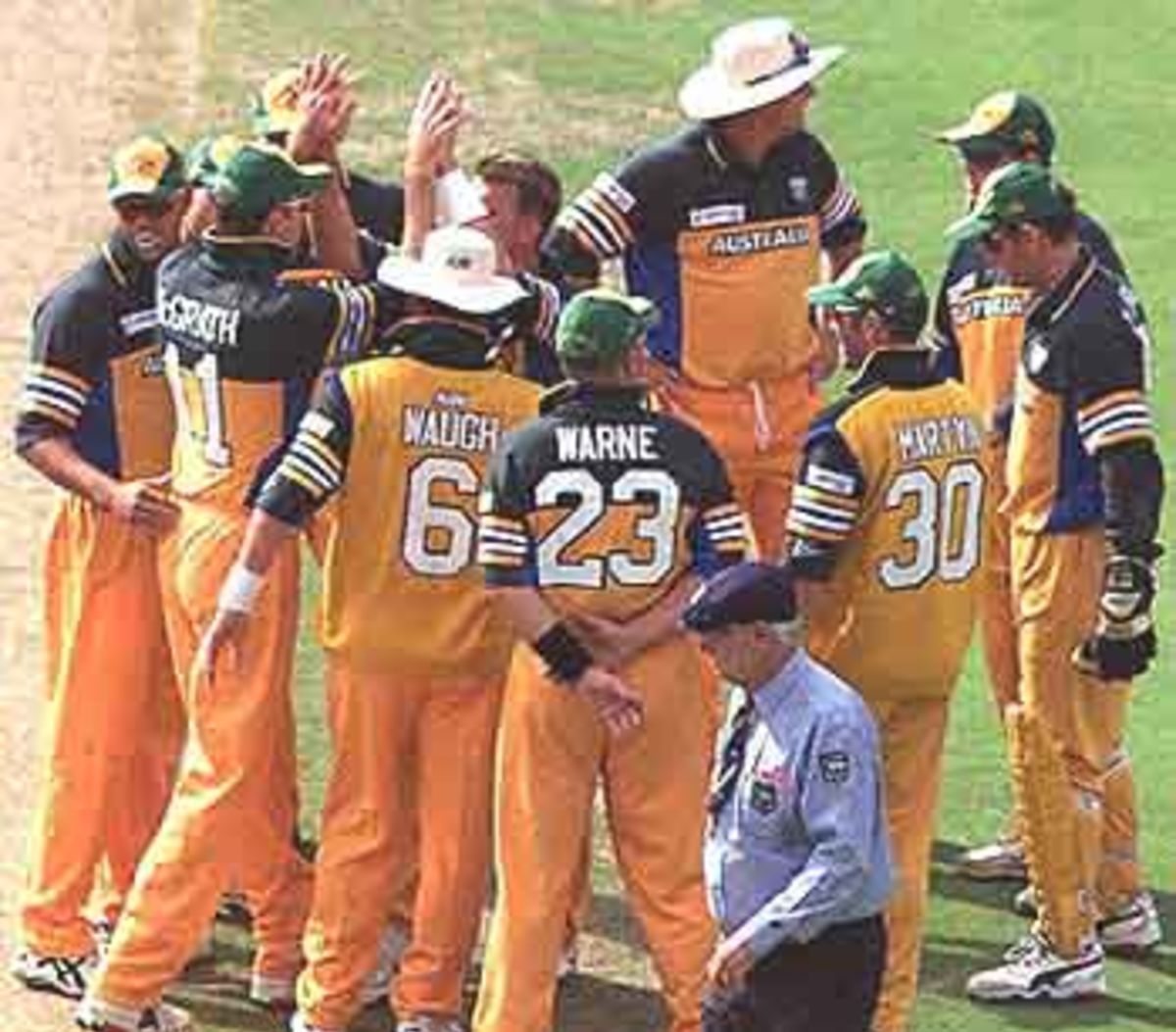 Australians celebrate at the fall of Andrew Hall's wicket ...