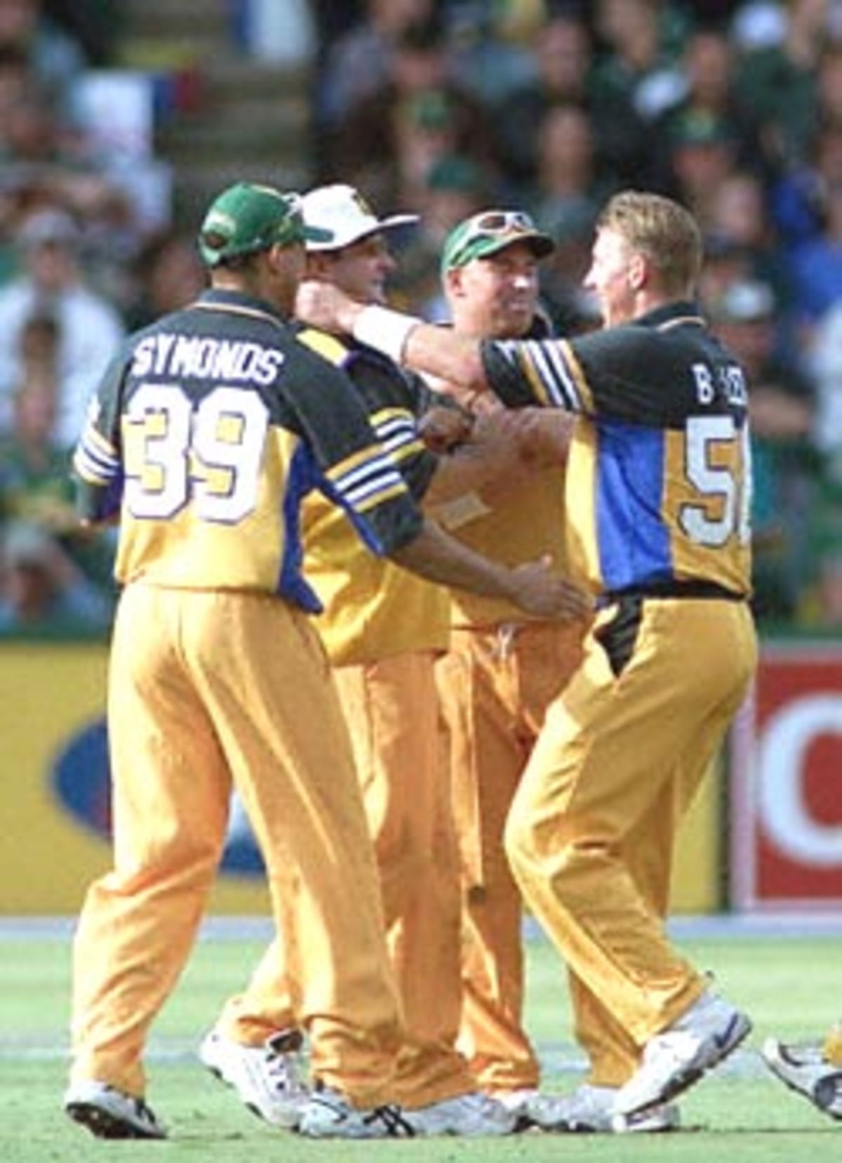Australians celebrate at the fall of Andrew Hall's wicket ...