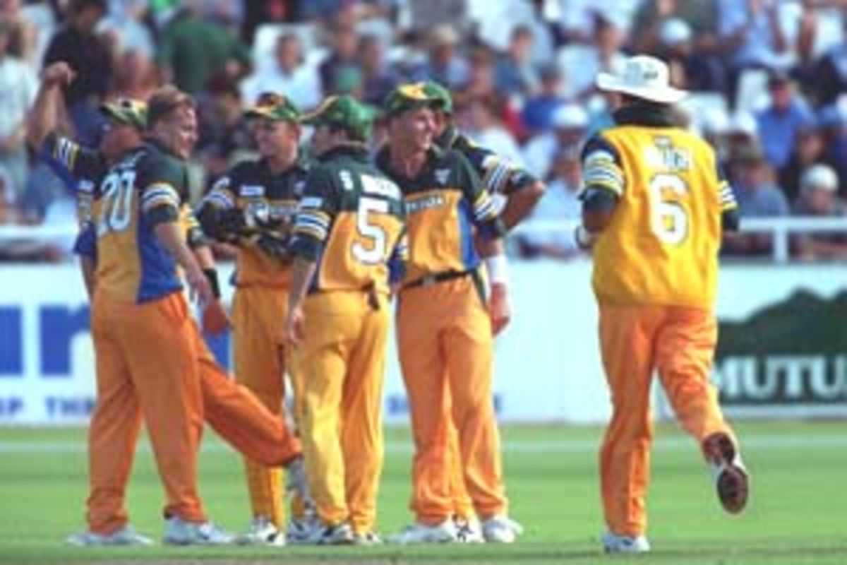 Australians celebrate at the fall of Andrew Hall's wicket ...