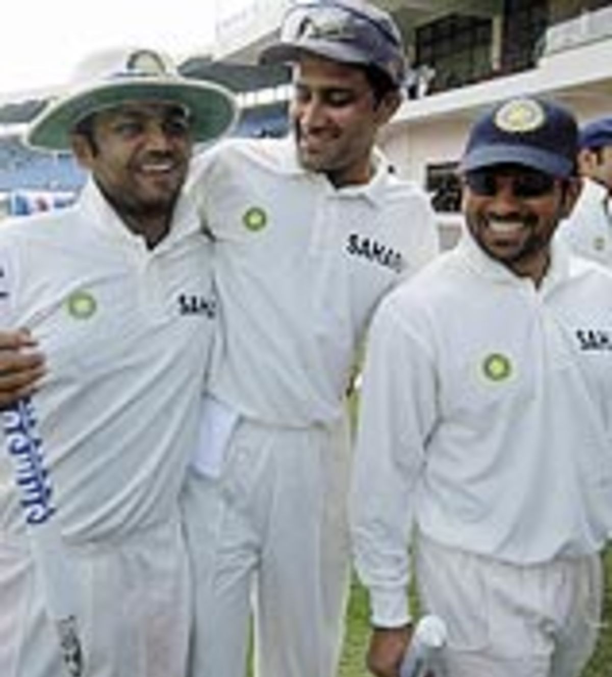 Sachin Tendulkar Anil Kumble and Virender Sehwag celebrate their ...