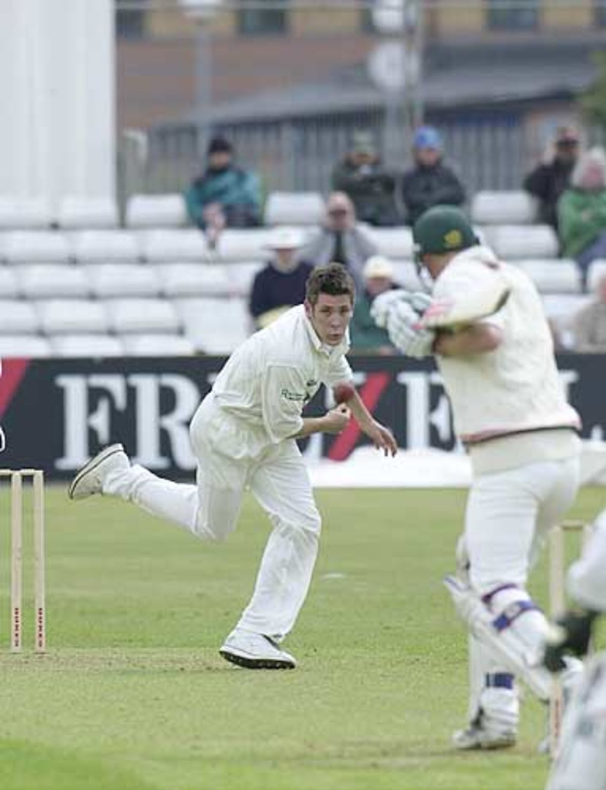 Derby's Tom Lungley sends a delivery past the bat of Sutcliffe ...