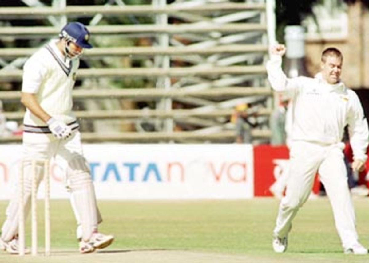 Tendulkar can't believe his luck as the ball goes off his pads onto the ...