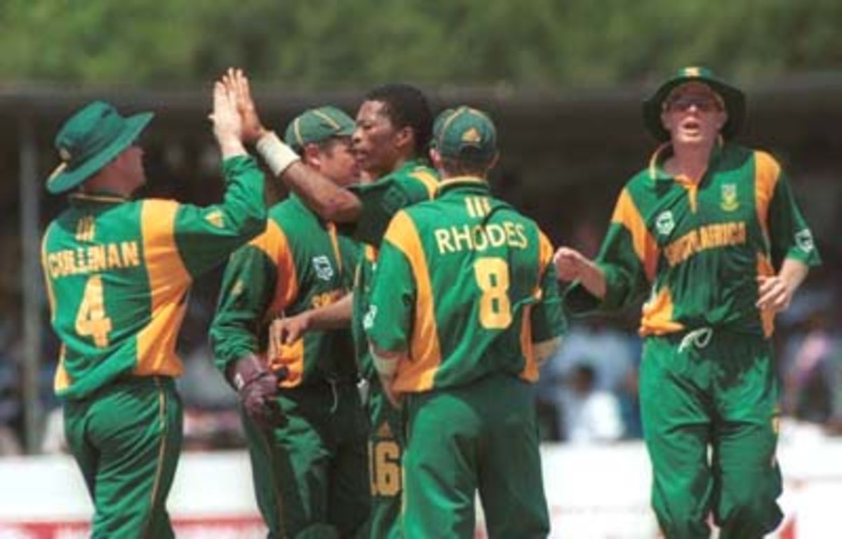 South African bowler Makhaya Ntini, celebrates the dismissal of Sri ...