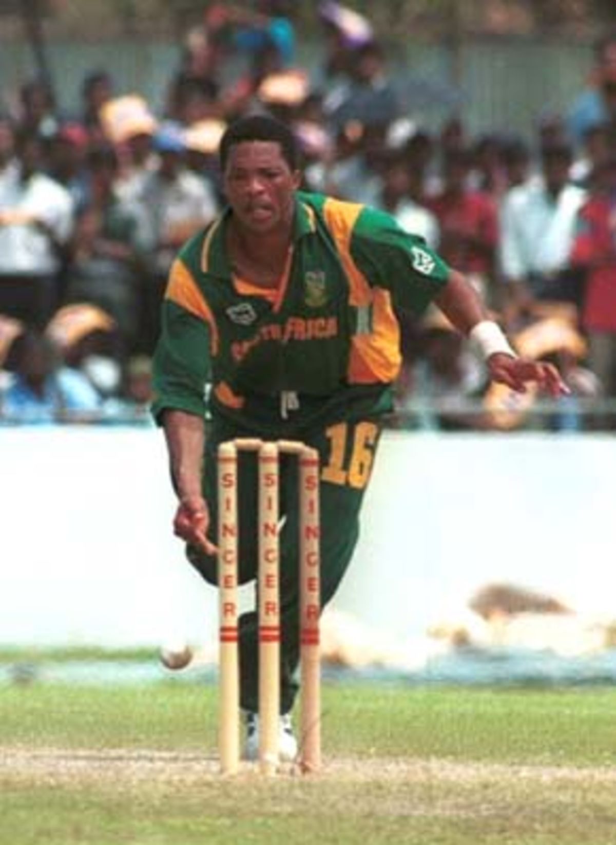 South African bowler Makhaya Ntini removes the bails to get a run out ...