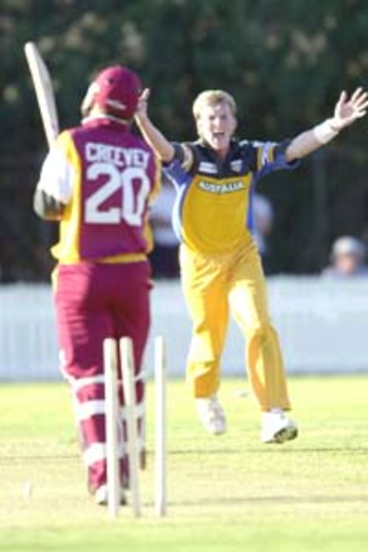 Lee and Symonds celebrate a wicket, Queensland XI v Australian XI, 2000 ...