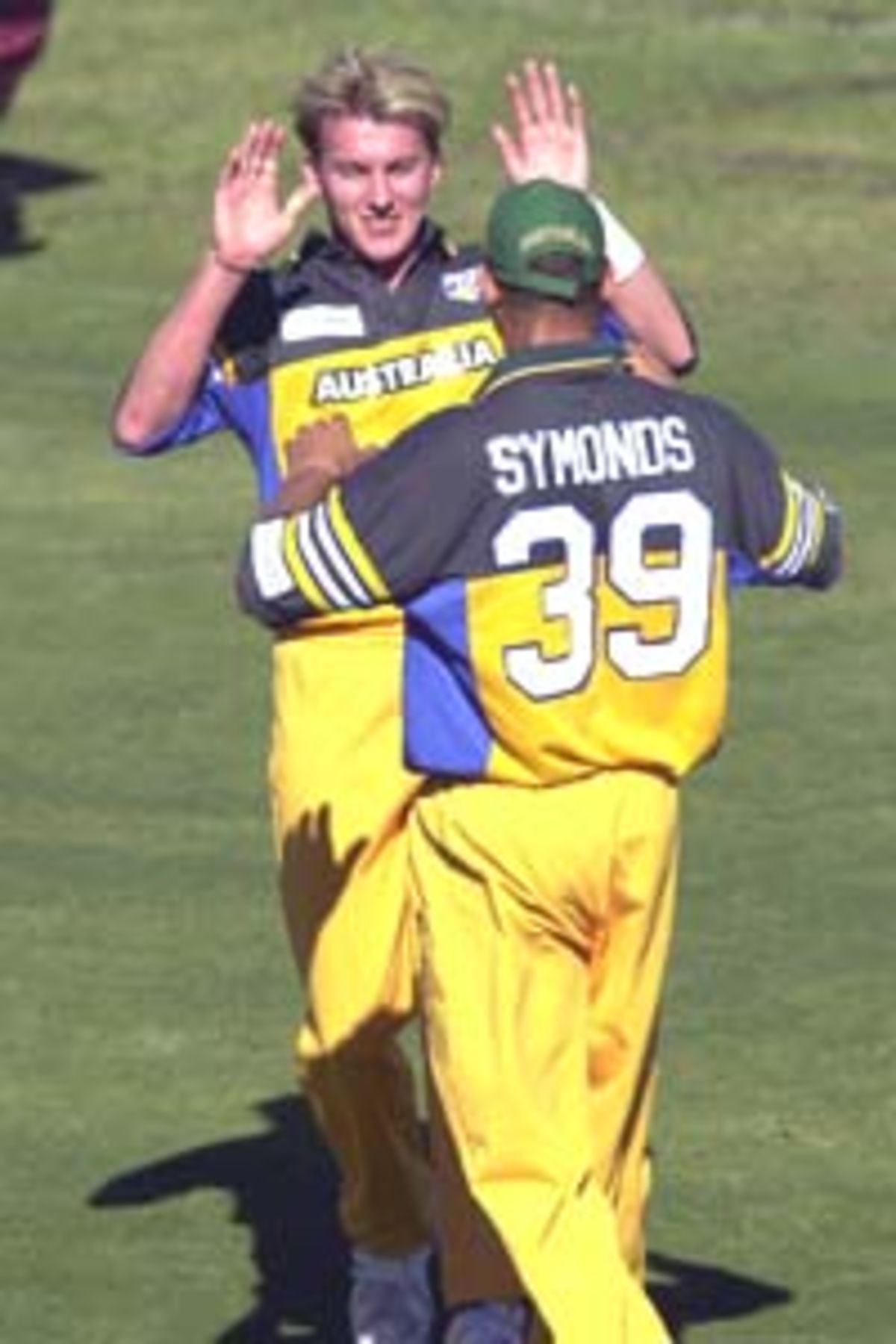 Lee and Symonds celebrate a wicket, Queensland XI v Australian XI, 2000 ...