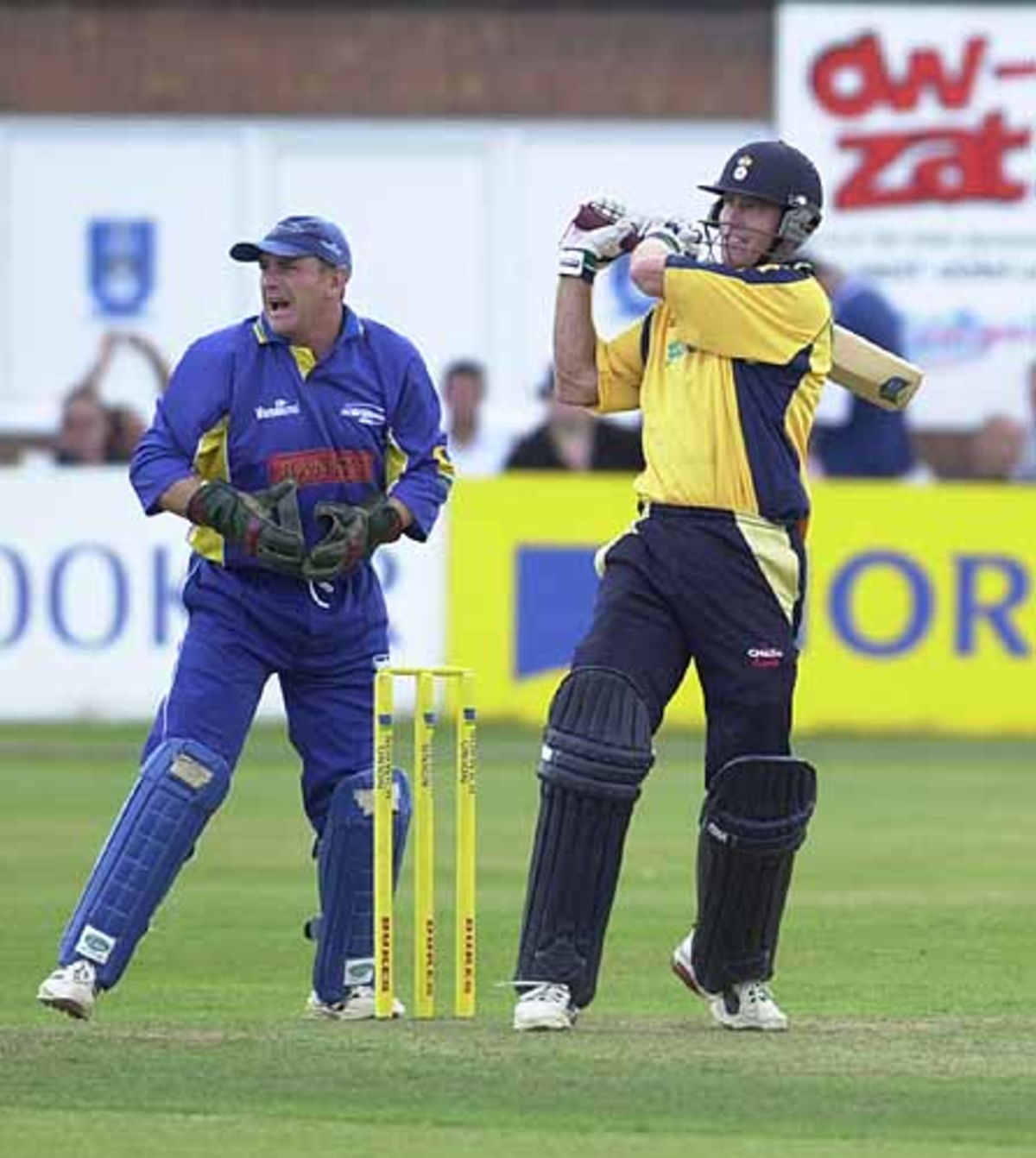 Neil Johnson pulls an Aldred delivery to the ropes as Krikken watches ...
