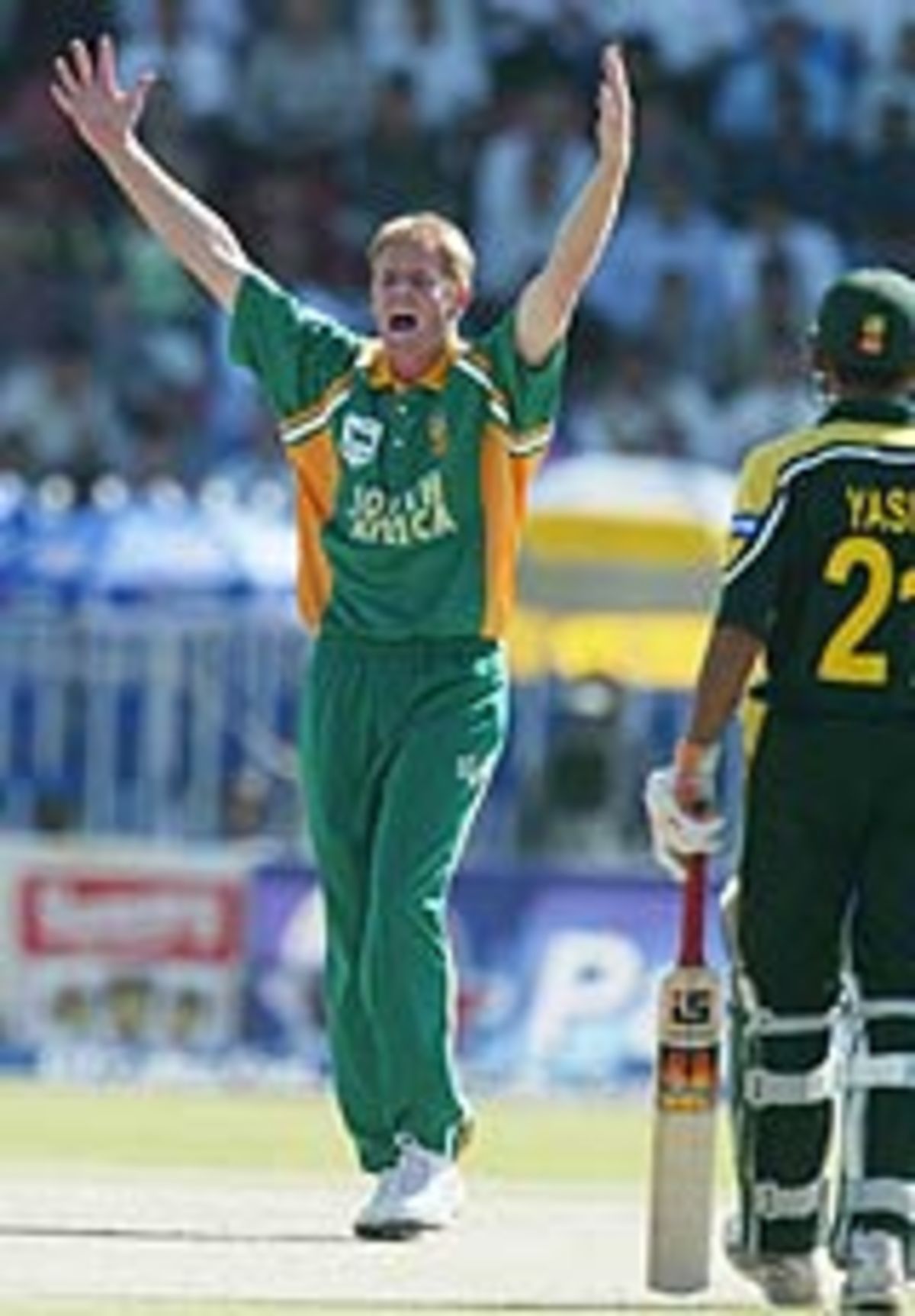 Shaun Pollock celebrates trapping Yousuf Youhana lbw for a duck ...