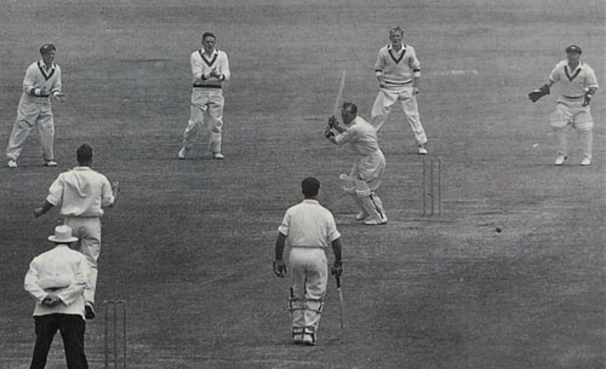 Bill Edrich plays on to Ron Archer in the second Test at Sydney ...