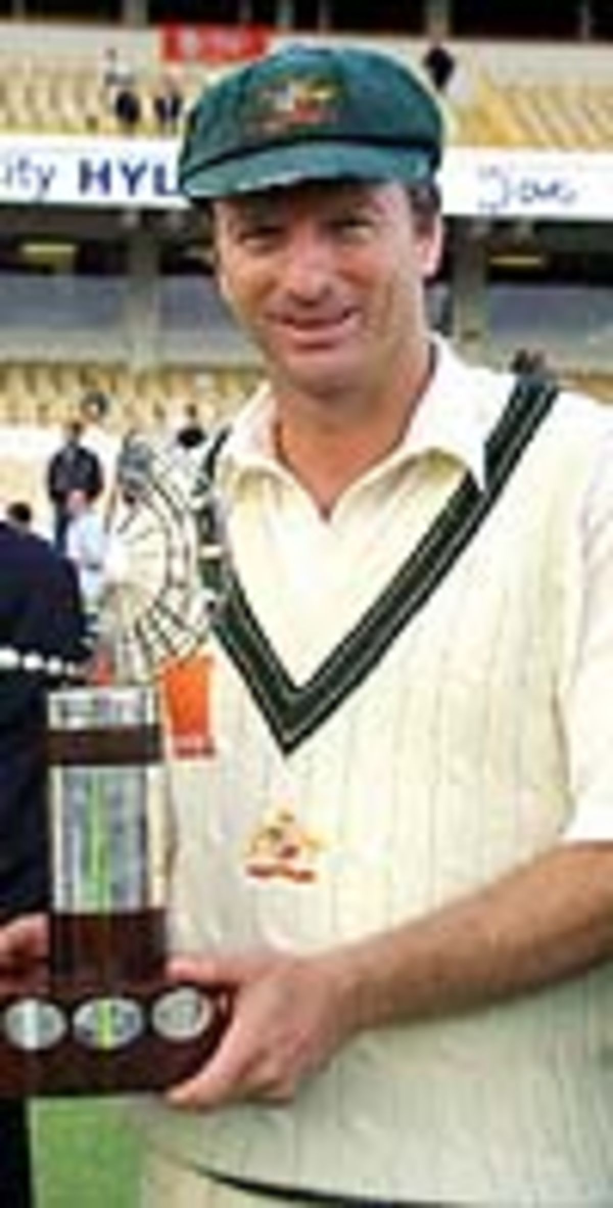 Steve Waugh poses with the Trans-Tasman Trophy at the end of the Test ...