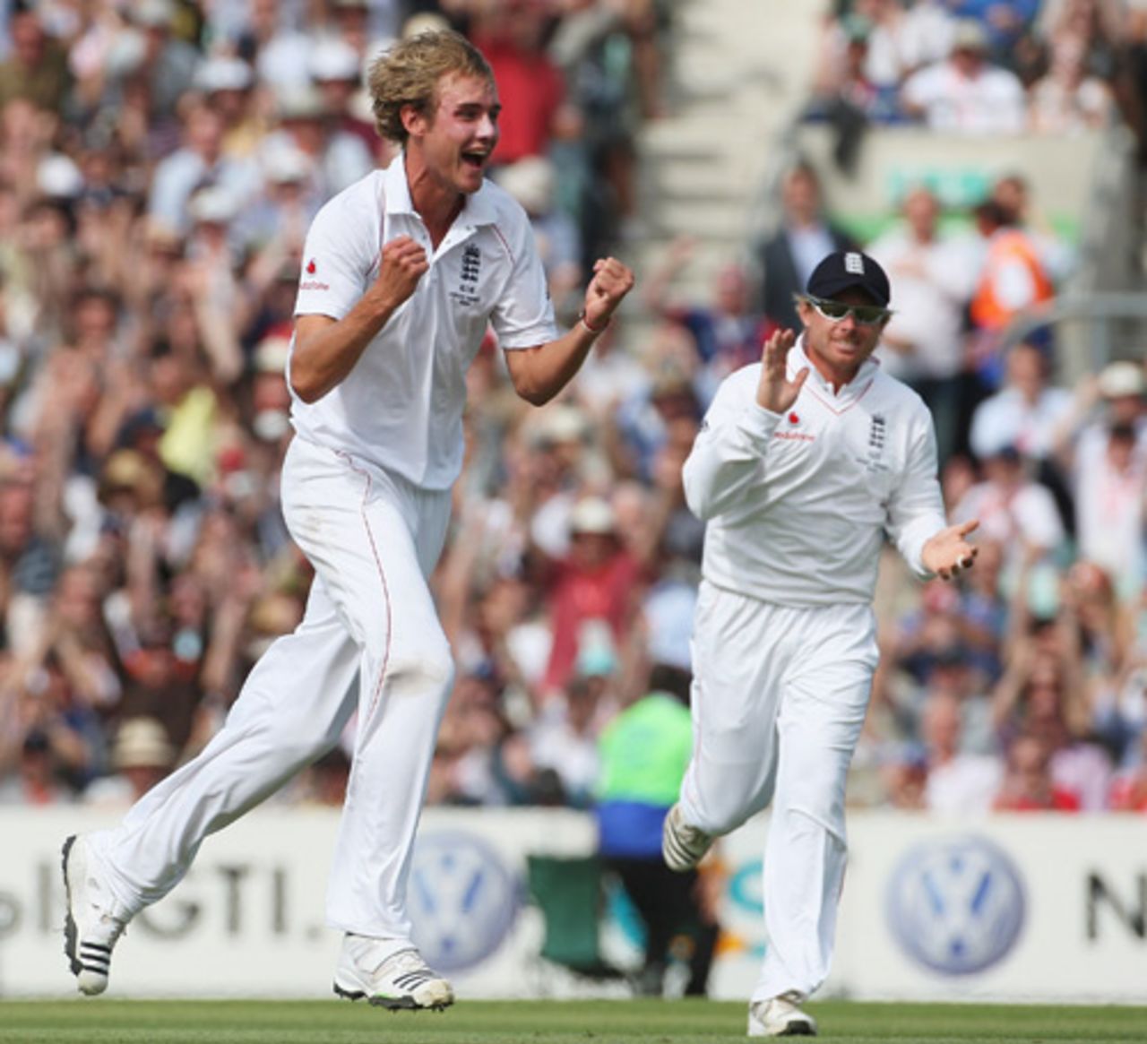 Stuart Broad celebrates claiming the wicket of Shane Watson ...