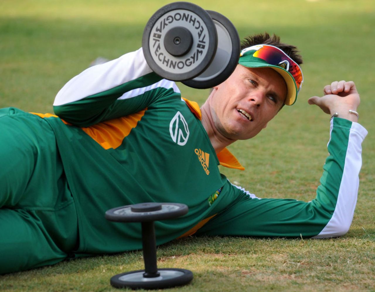 Johan Botha does some weight training at the M Chinnaswamy Stadium ...