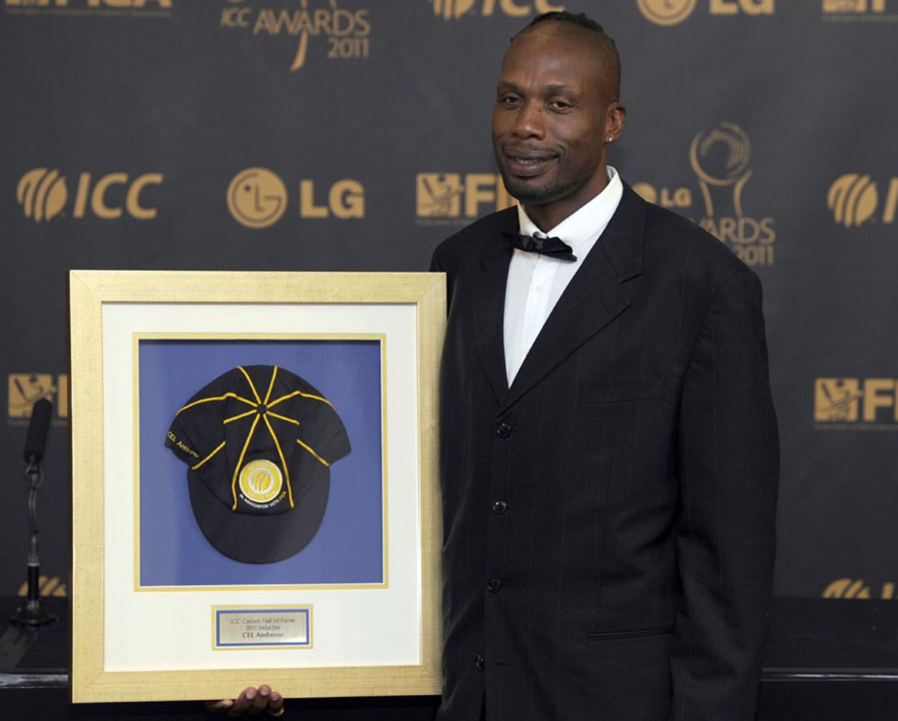 Curtly Ambrose sports his memento after being inducted into the ICC ...