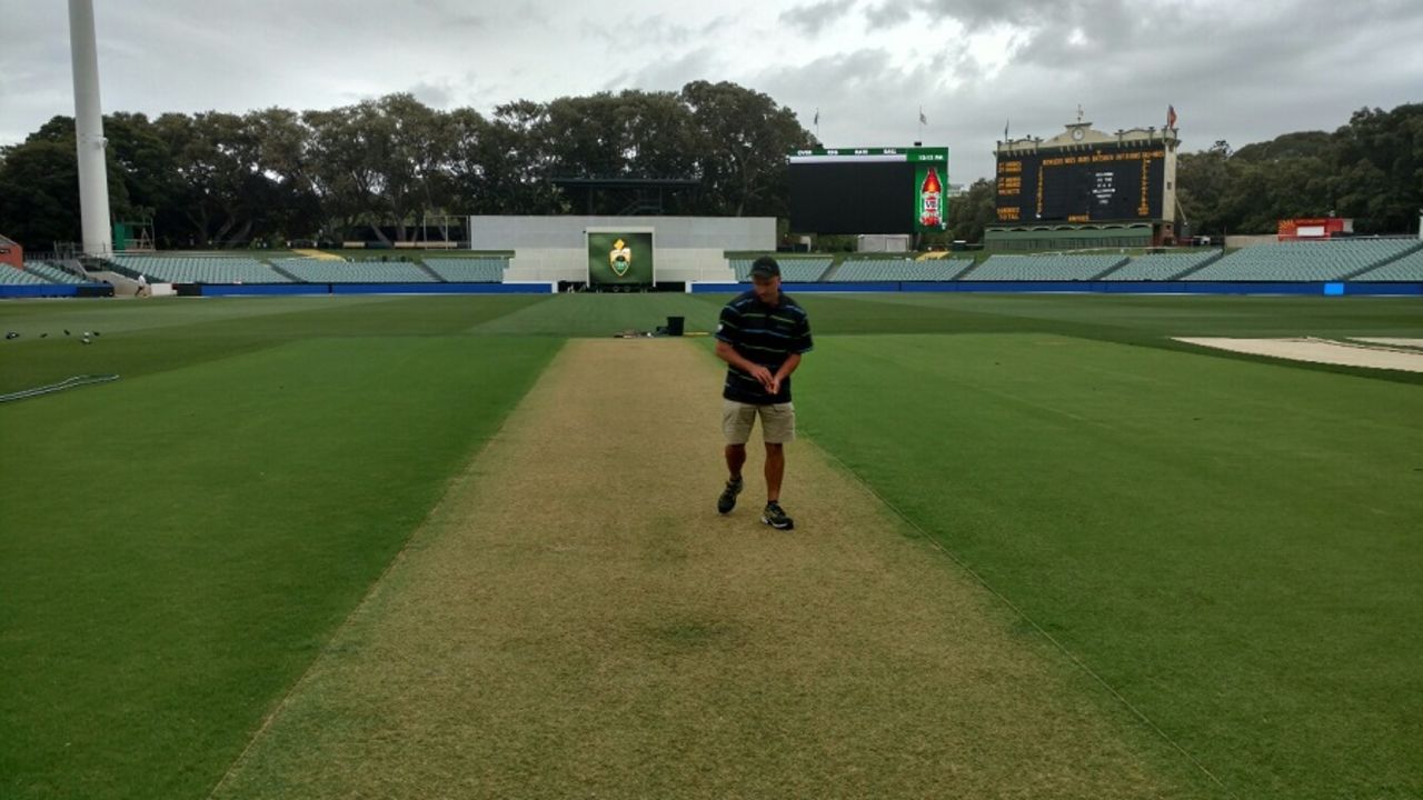 Adelaide Oval curator Damian Hough examines the pitch | ESPNcricinfo.com