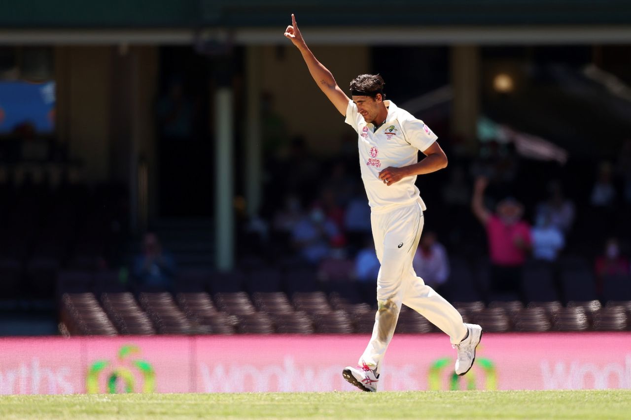 Mitchell Starc goes up in celebration | ESPNcricinfo.com