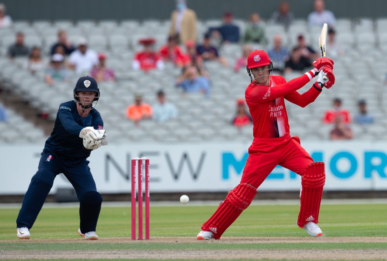 Finn Allen drives through the off side on his Lancashire debut ...