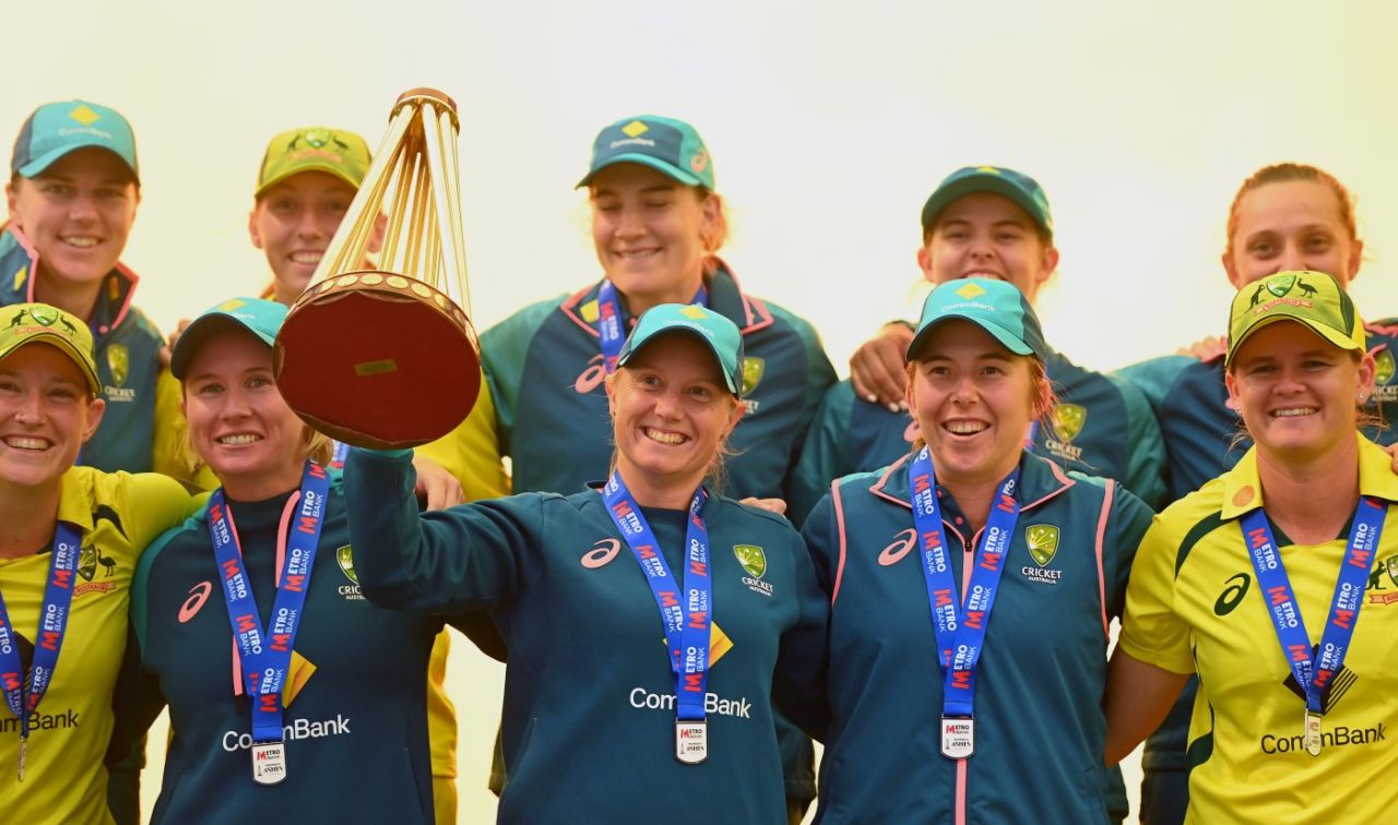 Alyssa Healy poses with the trophy after Australia retained the Ashes ...