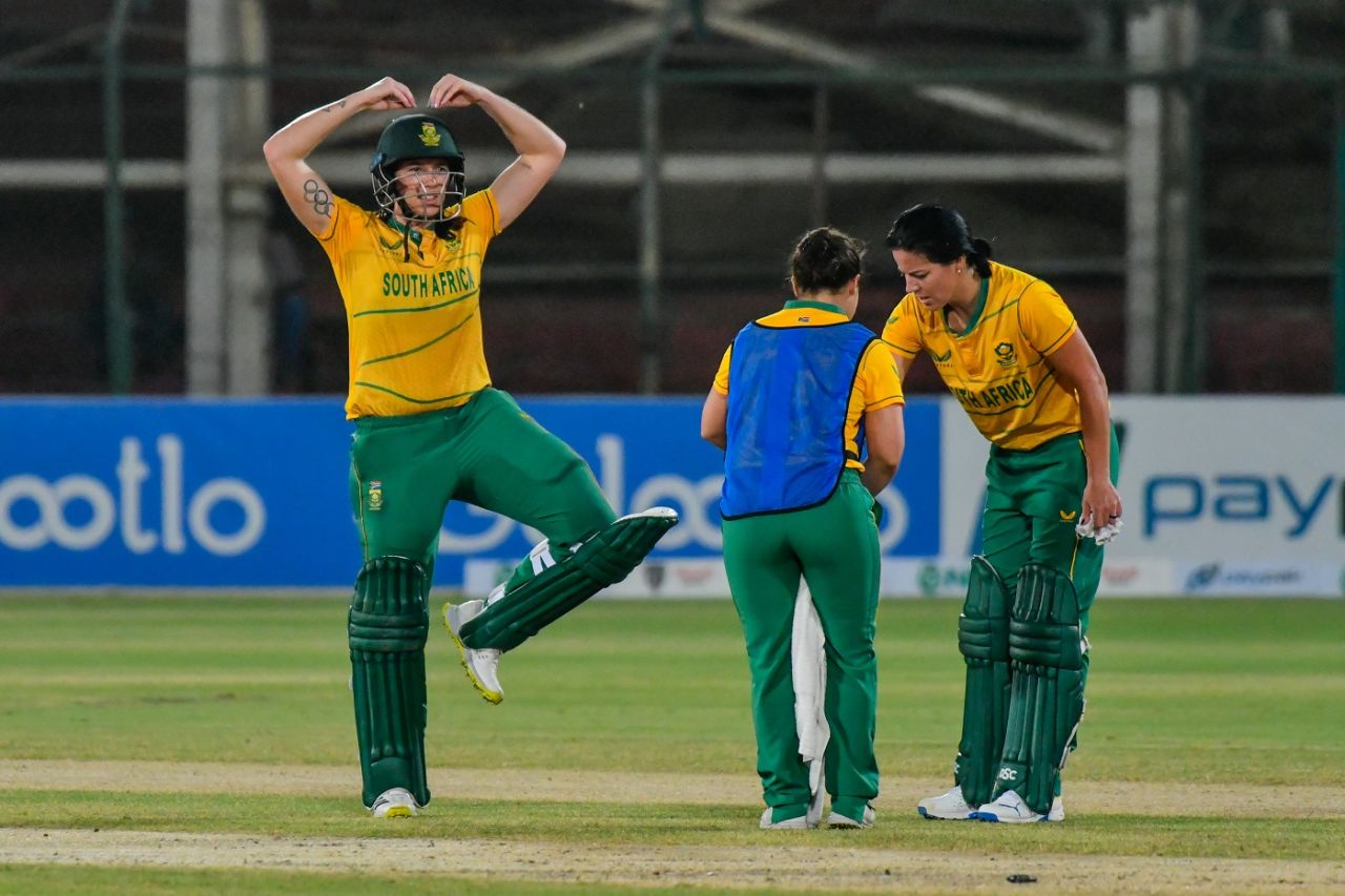 Tazmin Brits brings out her trademark celebration after reaching her fifty | ESPNcricinfo.com