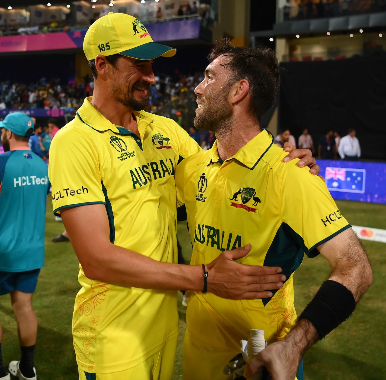 Mitchell Starc greets the man of the hour, Glenn Maxwell, after the ...