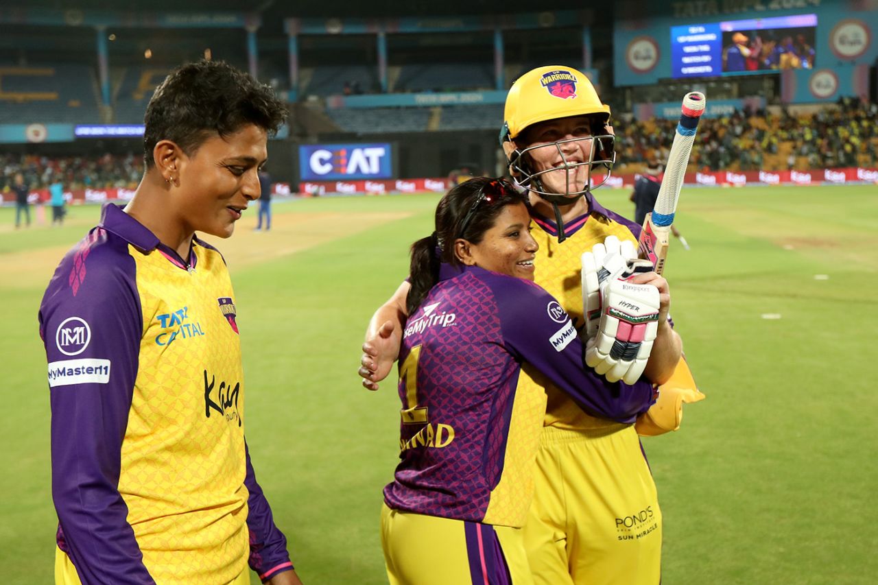 Poonam Khemnar and Rajeshwari Gayakwad greet Grace Harris after the win ...