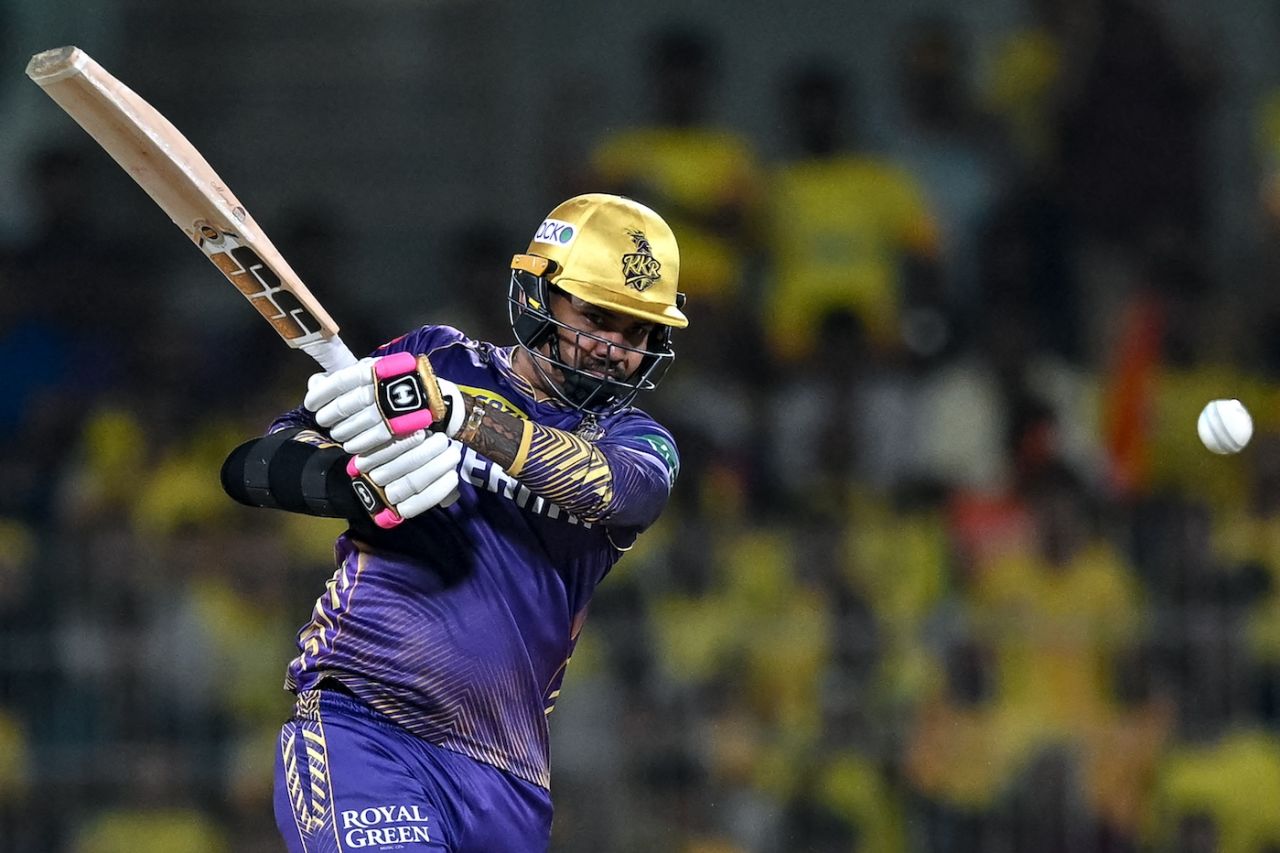 A swing, a miss, and Sunil Narine winces in pain straightaway ...