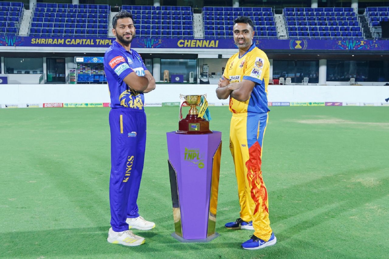Shahrukh Khan and R Ashwin pose with the TNPL trophy at Chepauk ...