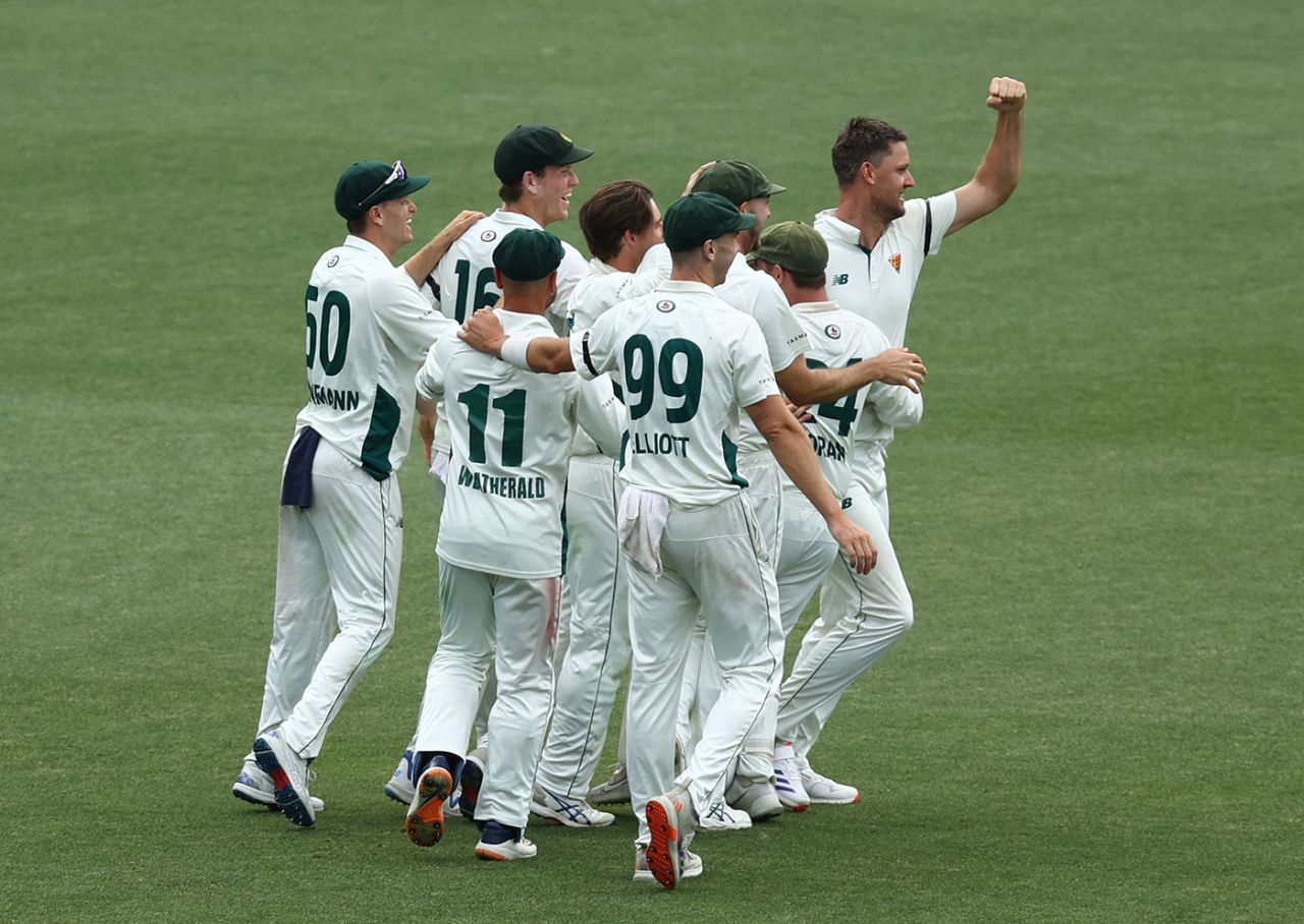 Tasmania celebrate their first Sheffield Shield win of the season ...