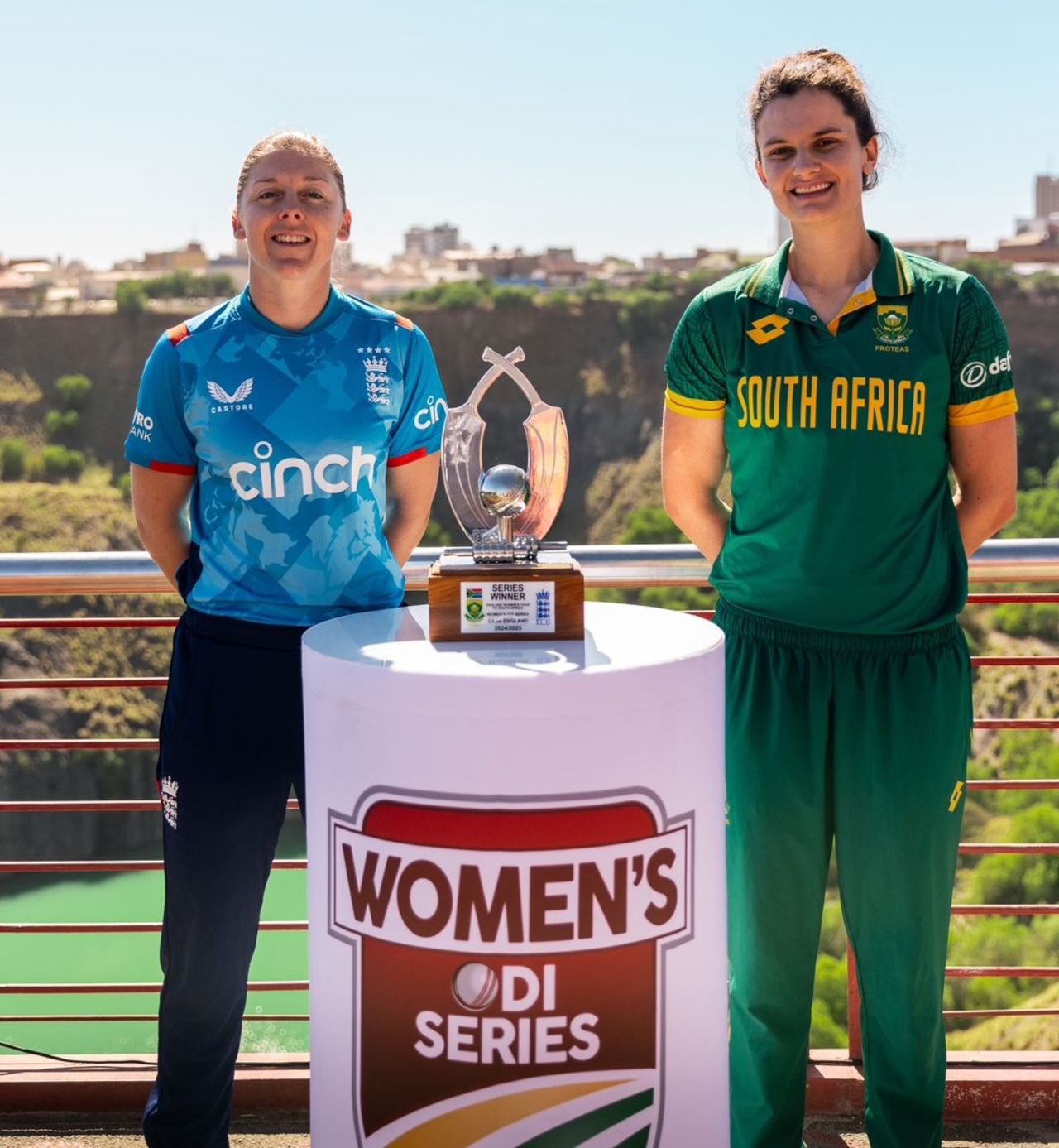 Heather Knight and Laura Wolvaardt with the ODI trophy at the Big Hole ...