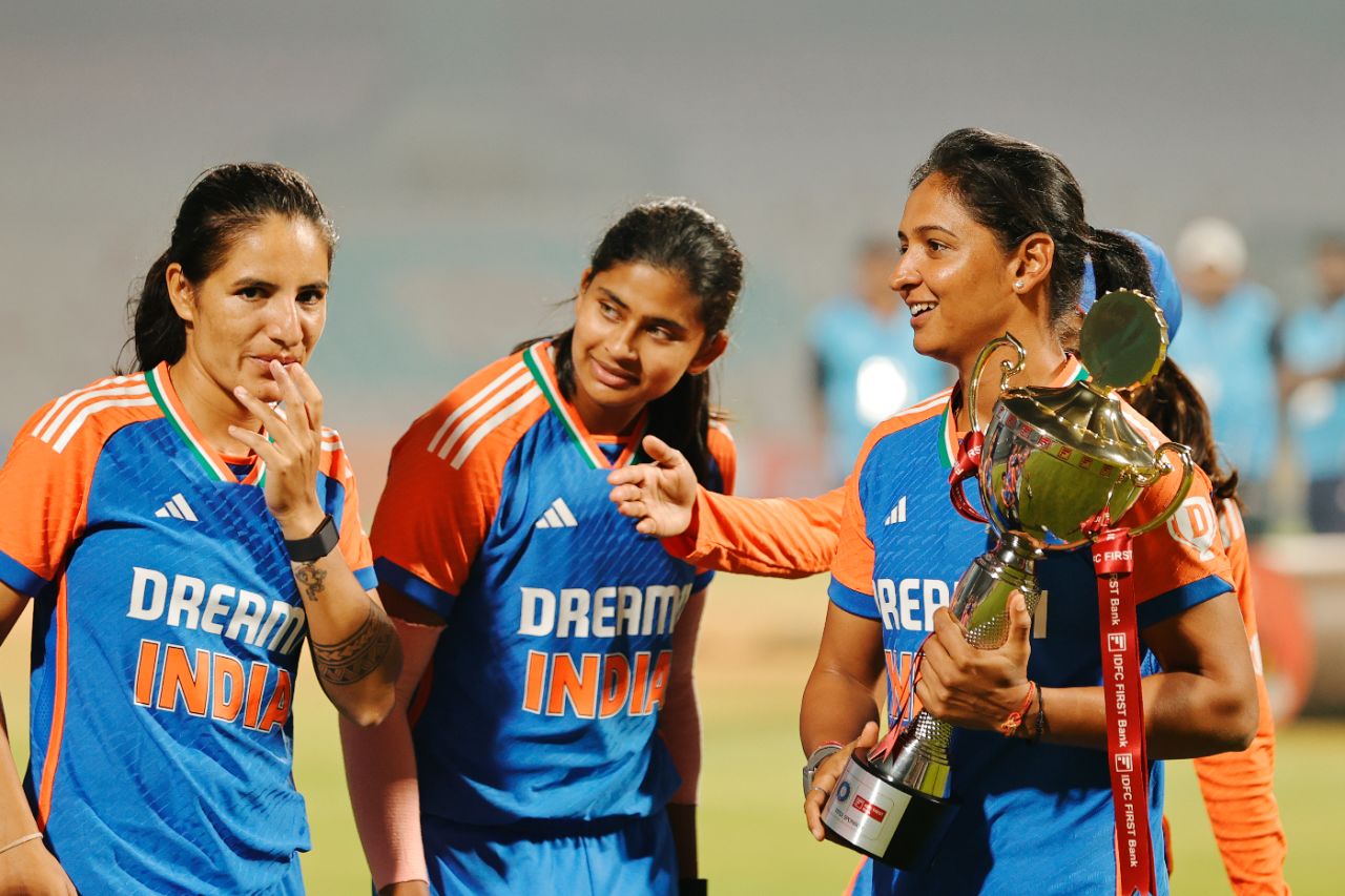 India take a victory lap around the DY Patil Sports Academy in Navi Mumbai after wrapping up the ...