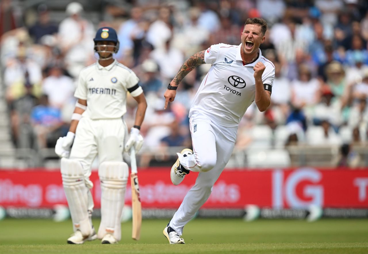 Brydon Carse celebrates KL Rahul's wicket | ESPNcricinfo.com