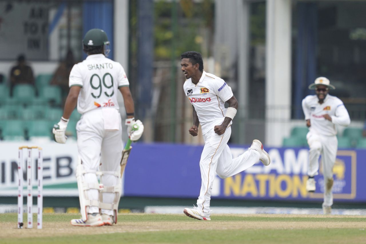 Tharindu Rathnayake celebrates the wicket of Shadman Islam ...