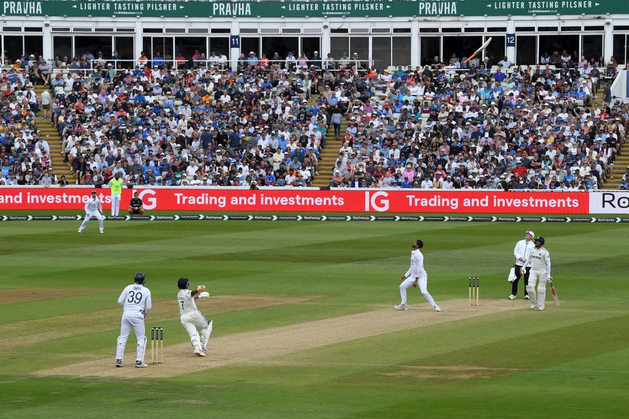 Rishabh Pant sends the ball to mid-off and his bat to midwicket ...