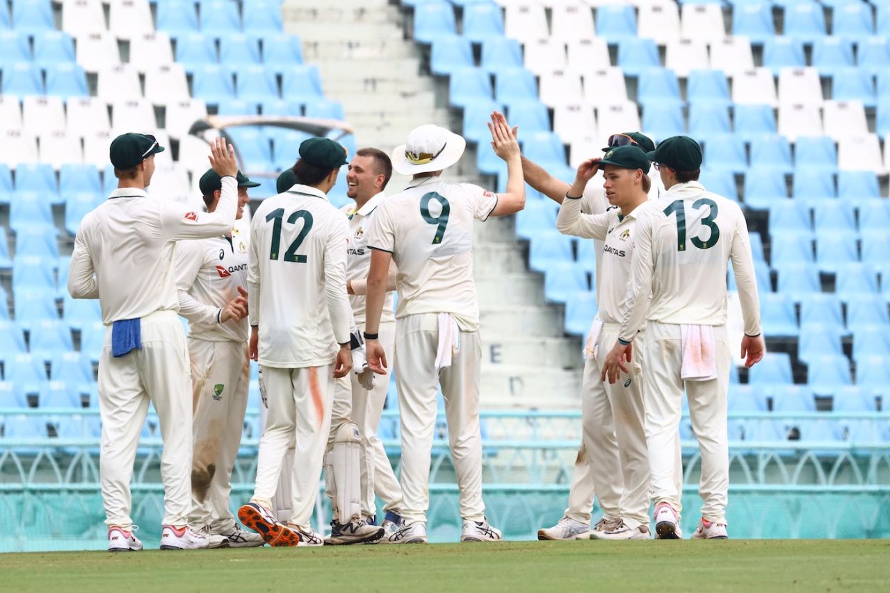 Fergus O'Neill celebrates Dhruv Jurel's wicket with his team-mates ...